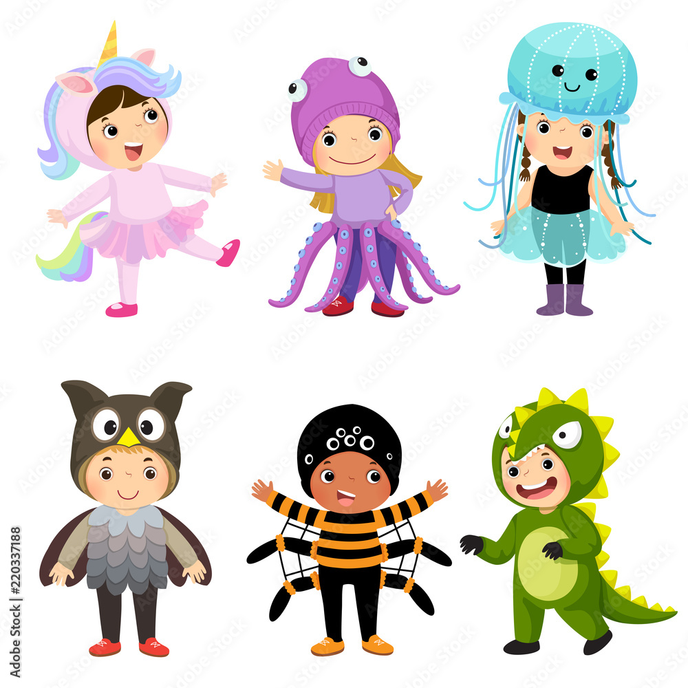 Vector cartoon of cute kids in animal costumes set. Carnival clothes ...