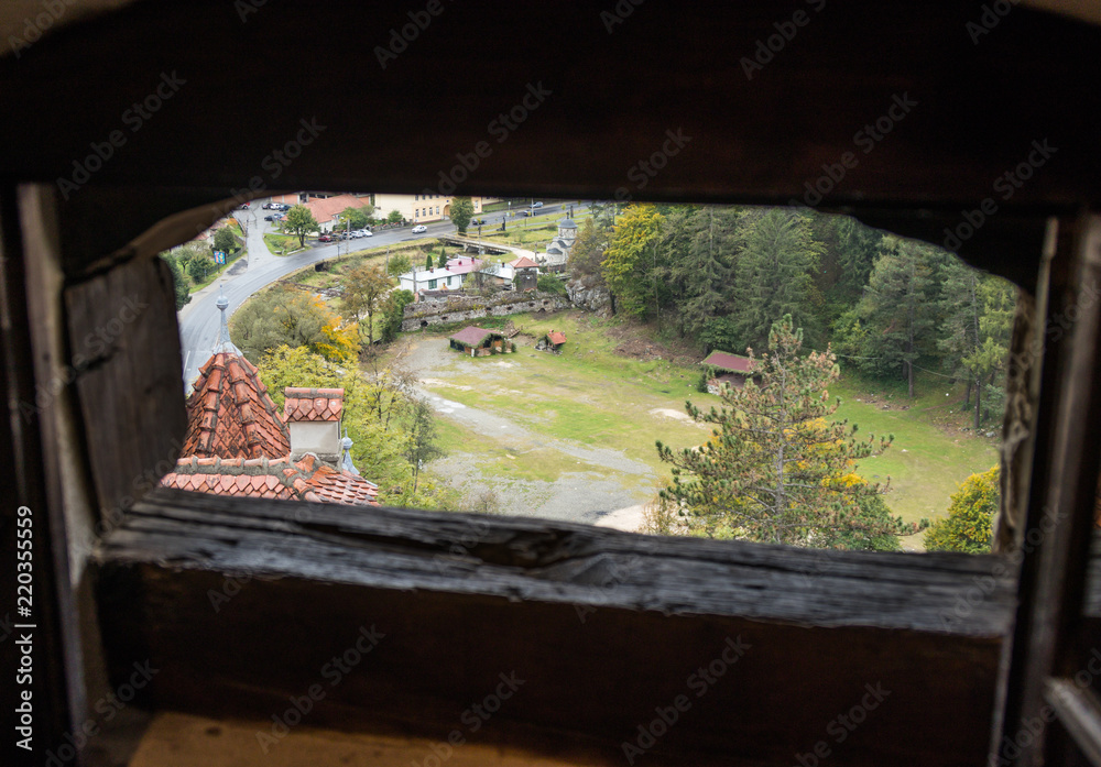 View of the old Bran city through the slaughterhouse in the watchtower ...