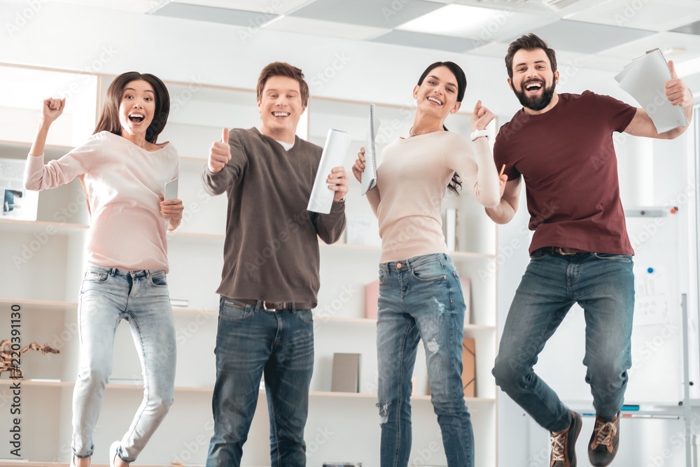 Expression of joy. Delighted happy people jumping while expressing ...