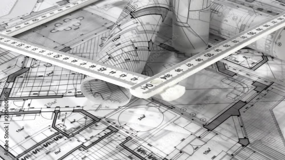 Blueprints - rolls of architectural drawings, yardstick - folding ruler ...