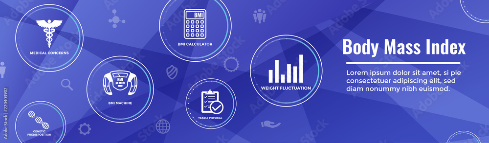 BMI or Body Mass Index Icons with scale, indicator, & calculator Stock ...