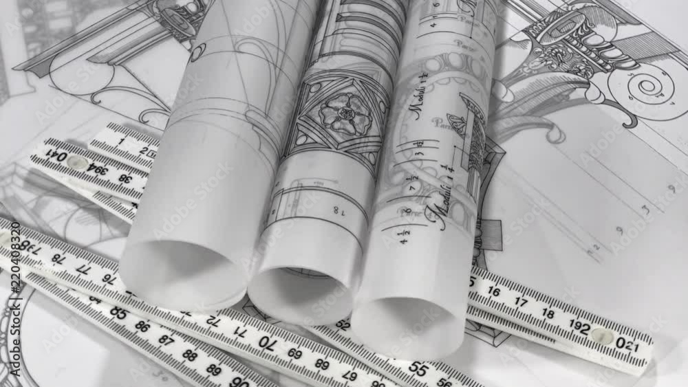 Blueprints - rolls of architectural drawings, yardstick - folding ruler ...