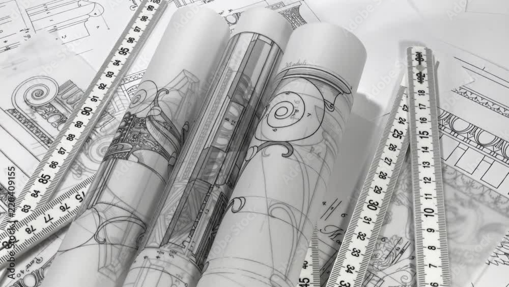 Blueprints - rolls of architectural drawings, yardstick - folding ruler ...