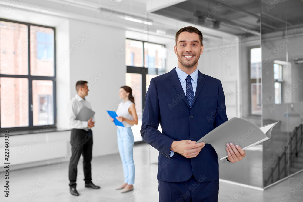 real estate business, sale and people concept - happy smiling realtor ...