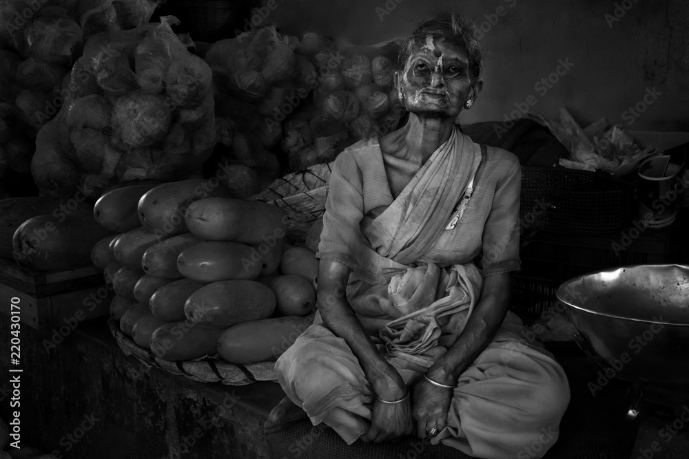 Portrait of elderly Indian woman with her face deformed and scared ...