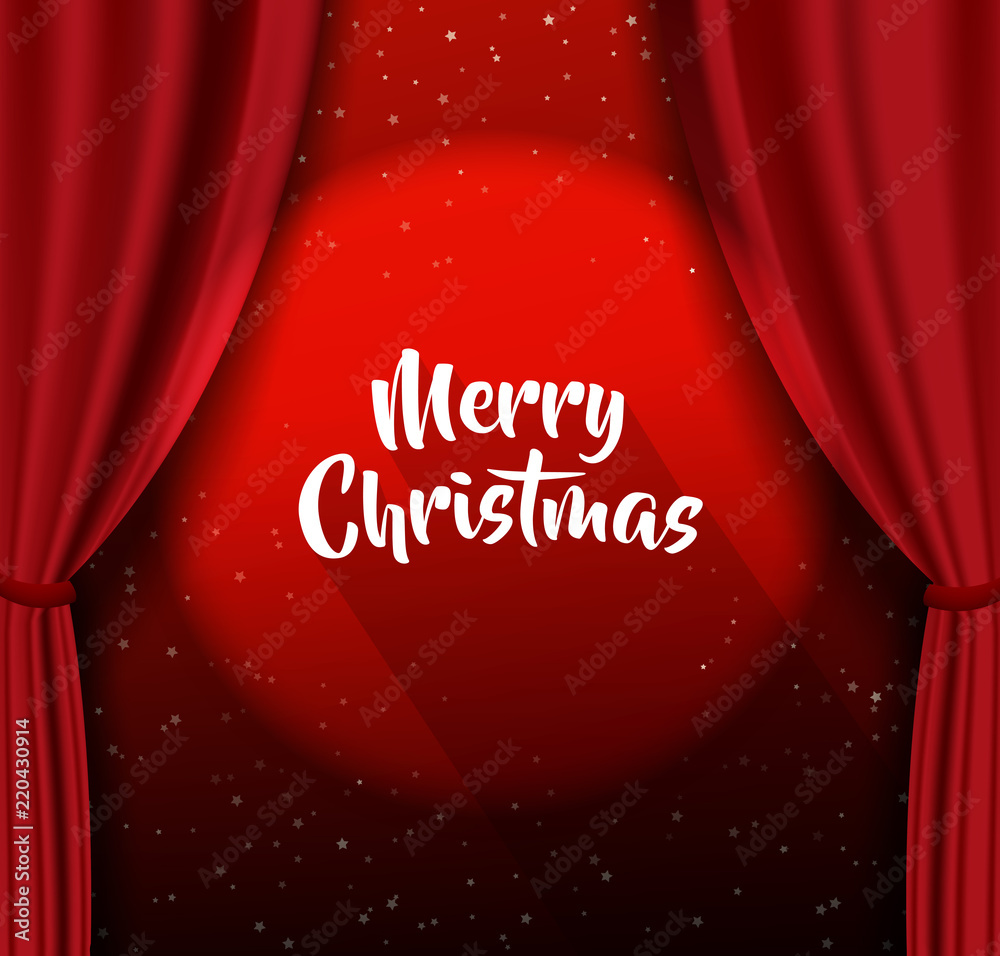 Theater stage background, Merry Christmas greetings with stars, red ...