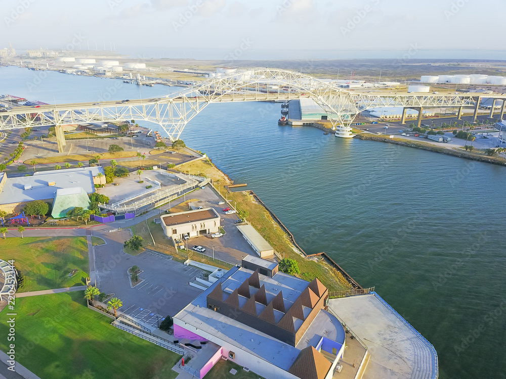 Aerial view Harbor Bridge from Bayfront Science Park in Corpus Christi ...