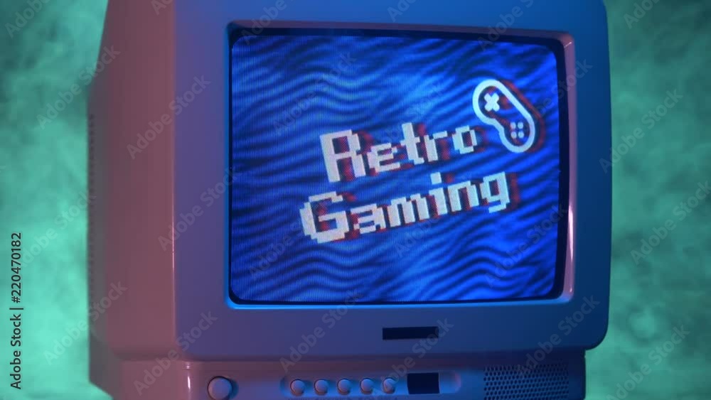 Retro Gaming title on a tube vintage TV screen. Zooming out with fog ...