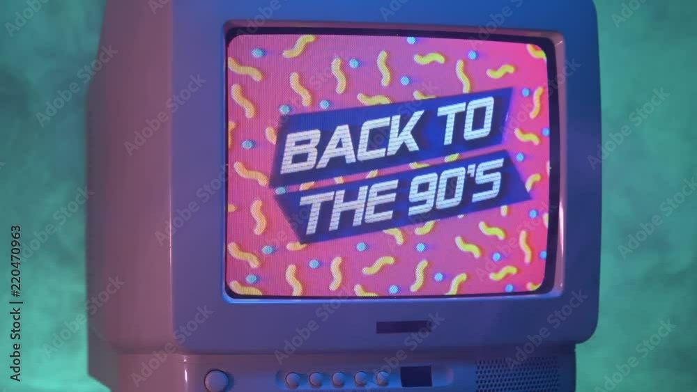 BACK TO THE 90's animation on a old vintage TV screen. Zooming out with ...