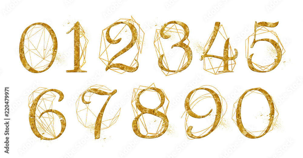 Golden Number Set with gold geometric shape crystal. Collection for ...