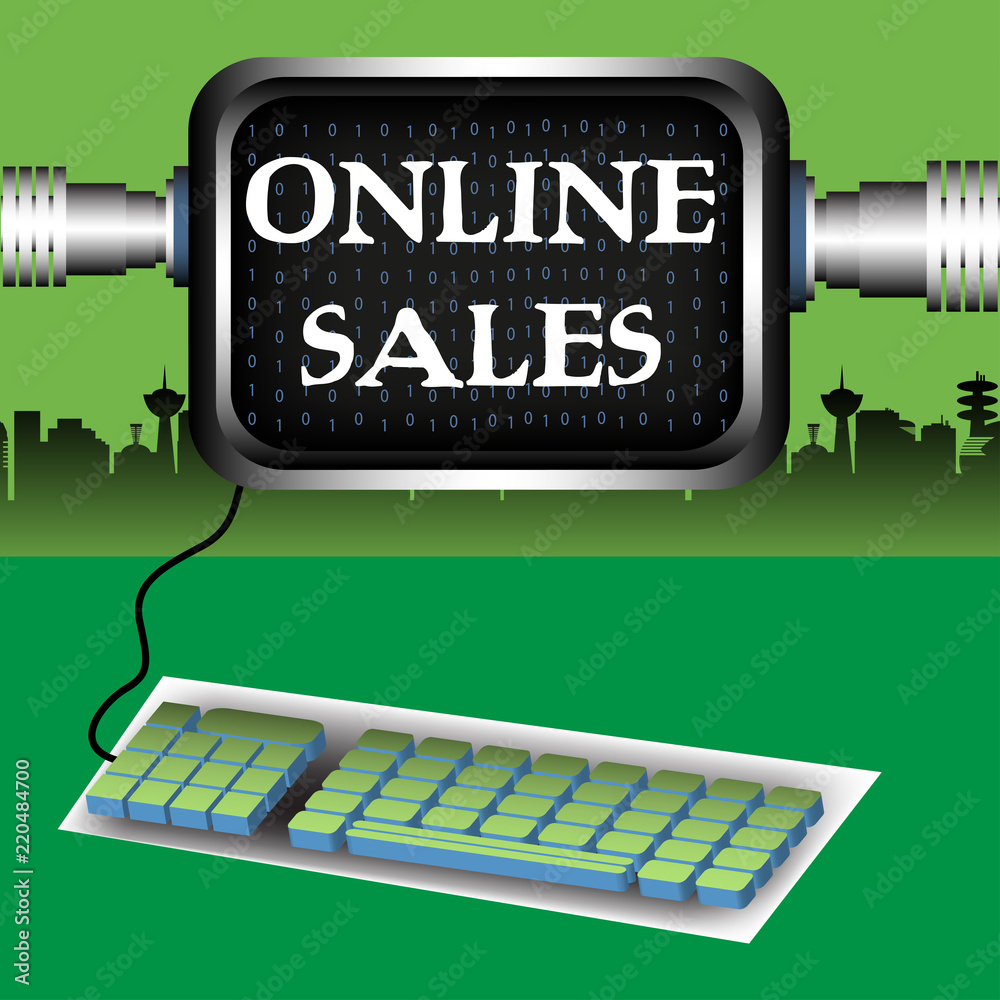 Colorful background with a modern computer and the text online sales ...