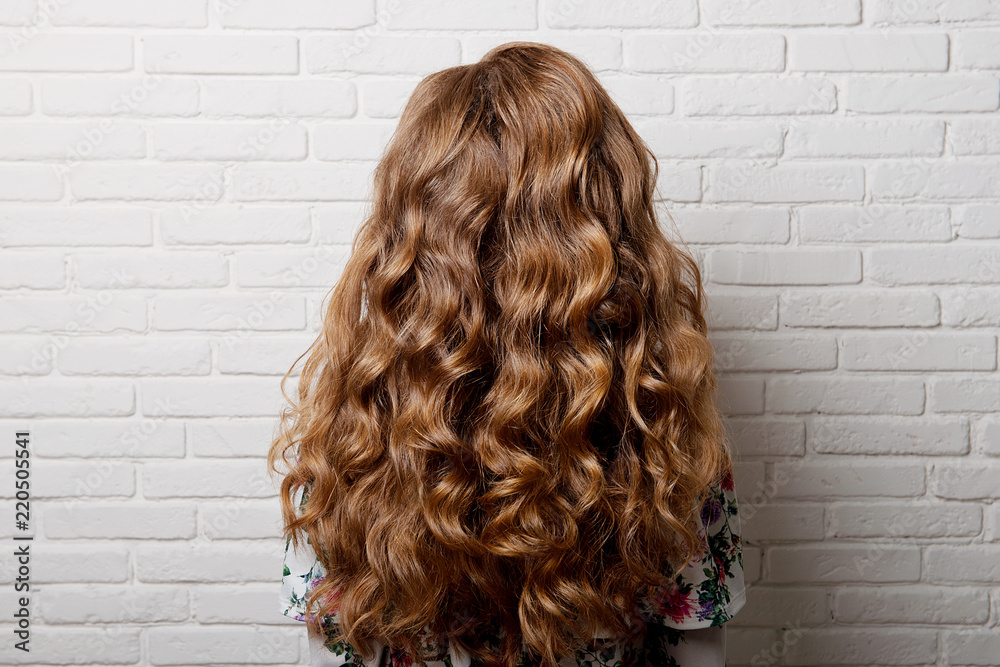 Hairstyle long curls on the head of a brown-haired woman at the back ...
