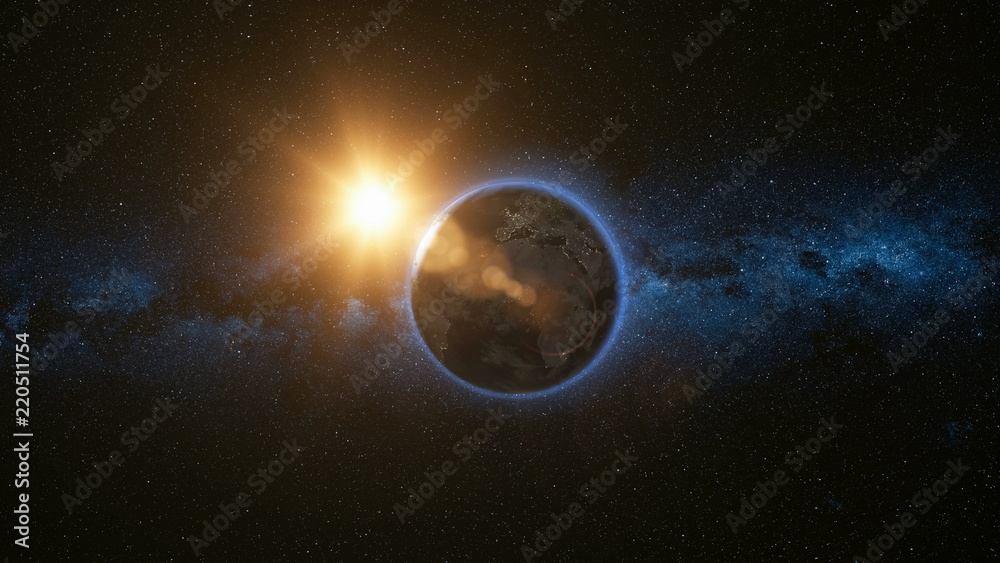 Space view on Planet Earth and Sun Star rotating on its axis in black ...