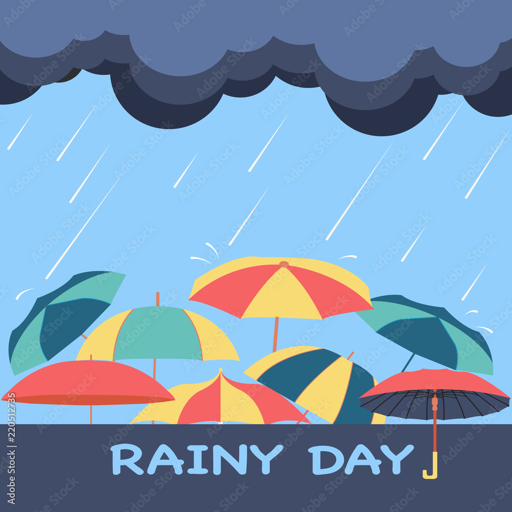 Rainy season background with clouds, raindrops and umbrellas Stock ...