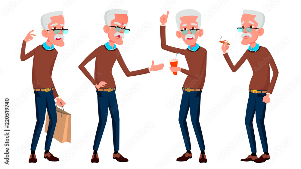 Old Man Poses Set Vector. Elderly People. Senior Person. Aged ...