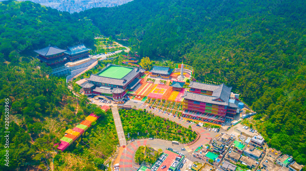 Aerial view of Samgwangsa temple in Busan city of South Korea. Thousands of paper lanterns ...