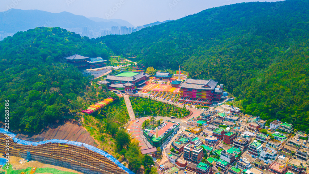 Aerial view of Samgwangsa temple in Busan city of South Korea. Thousands of paper lanterns ...