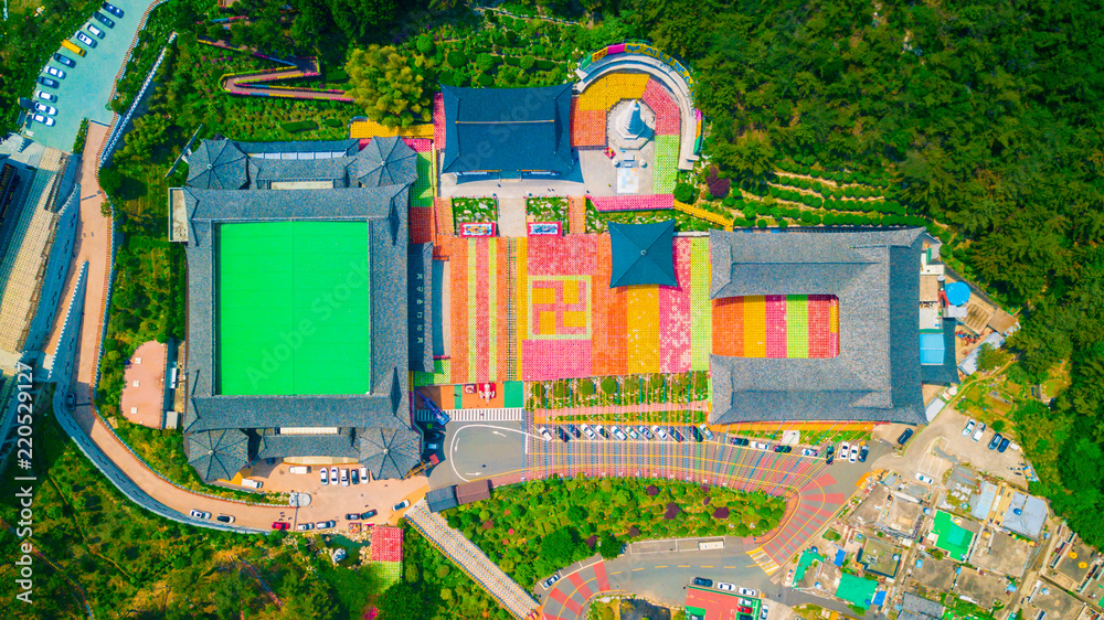 Aerial view of Samgwangsa temple in Busan city of South Korea. Thousands of paper lanterns ...