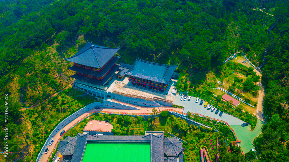 Aerial view of Samgwangsa temple in Busan city of South Korea. Thousands of paper lanterns ...