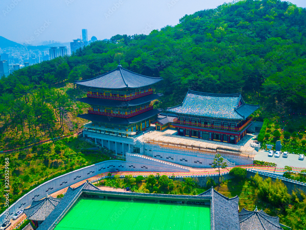 Aerial view of Samgwangsa temple in Busan city of South Korea. Thousands of paper lanterns ...