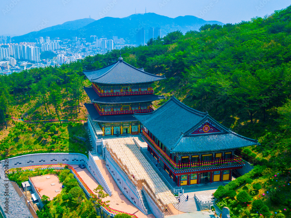 Aerial view of Samgwangsa temple in Busan city of South Korea. Thousands of paper lanterns ...