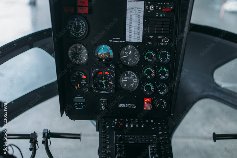 Inside helicopter cabin, control panel, dashboard Stock Photo | Adobe Stock