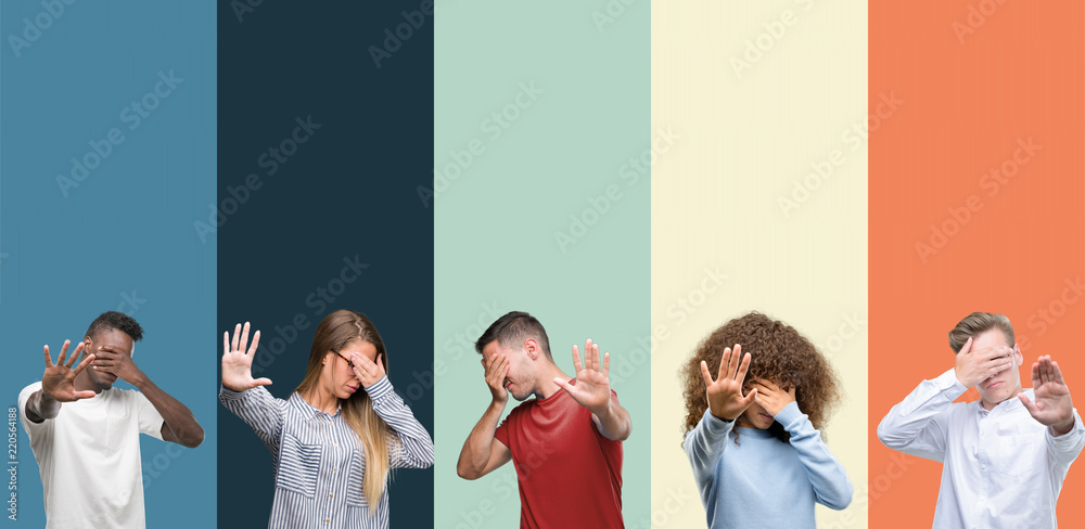 Poster Group of people over vintage colors background covering eyes ...