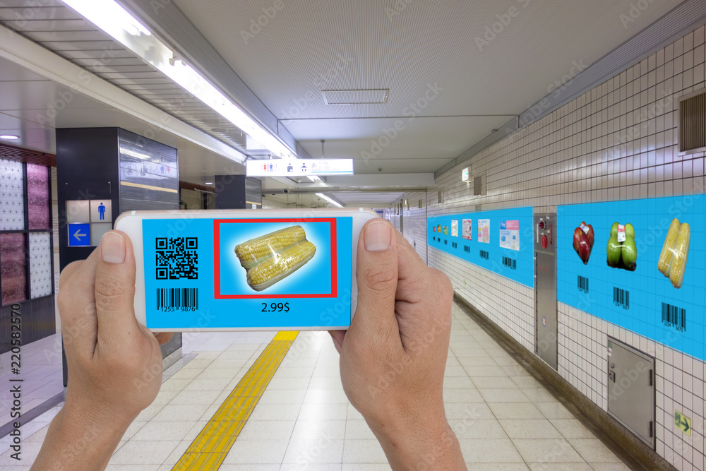 iot smart retail futuristic technology concept, man use smart phone to ...