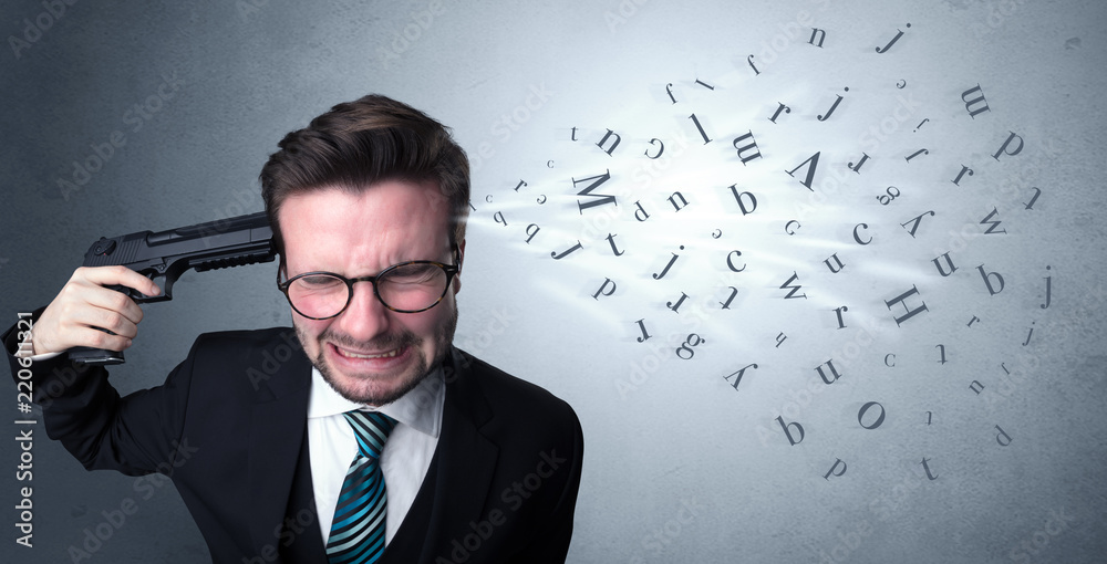 Man shoots his head with gun and letters are coming out from his head ...