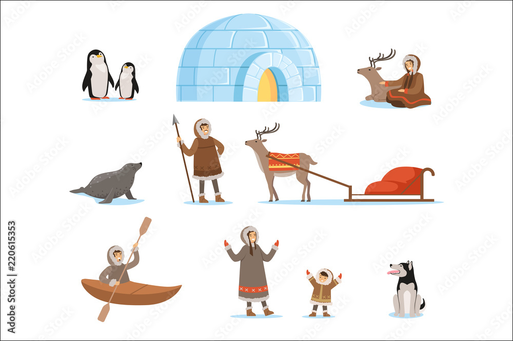 Eskimo characters in traditional clothing and their arctic animals ...