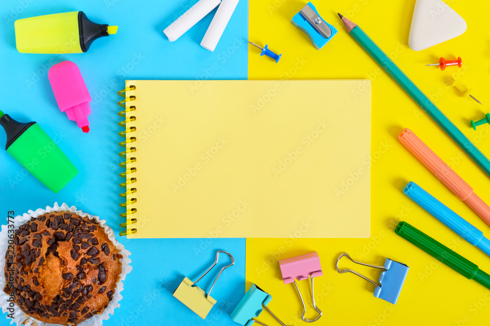 School accessories on a yellow-blue bright background. Back to school ...