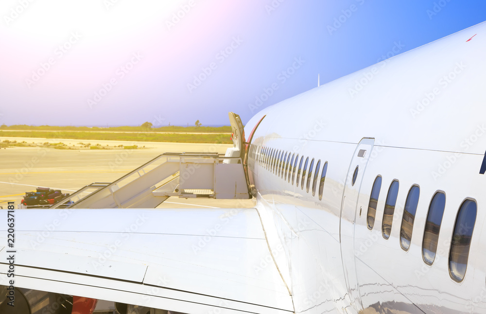 large heavy modern passenger widebody airplane side close up detailed ...