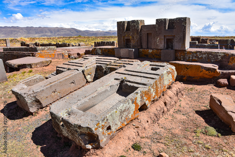 Elaborate carving in megalithic stone at Puma Punku, part of the ...