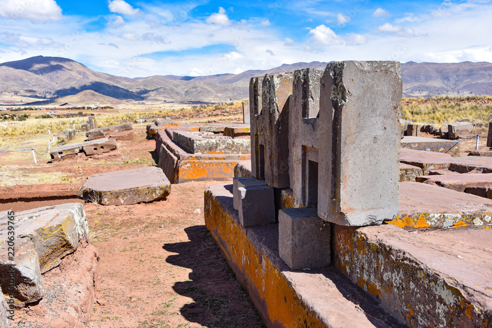 Elaborate carving in megalithic stone at Puma Punku, part of the ...