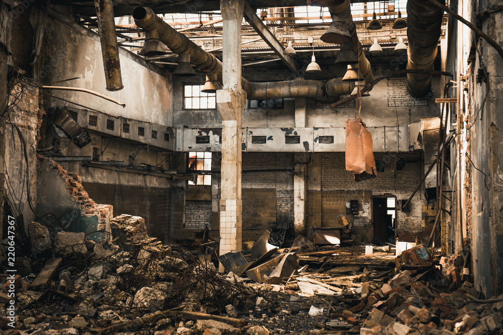 Abandoned ruined industrial warehouse or factory building inside ...