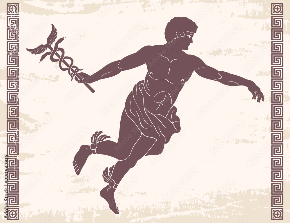 Ancient Greek god Hermes with a wand in his hand and wings on his feet ...