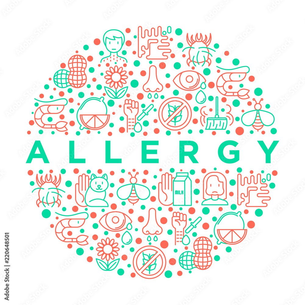 Allergy concept in circle with thin line icons: runny nose, dust ...