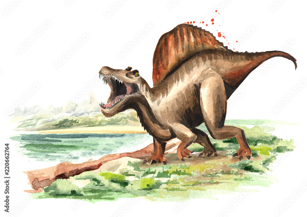 Spinosaurus dinosaur in prehistorical landscape. Watercolor hand drawn ...