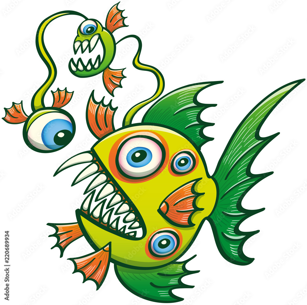 Deep sea fish monster with sharp fins and teeth, multiple eyes and ...