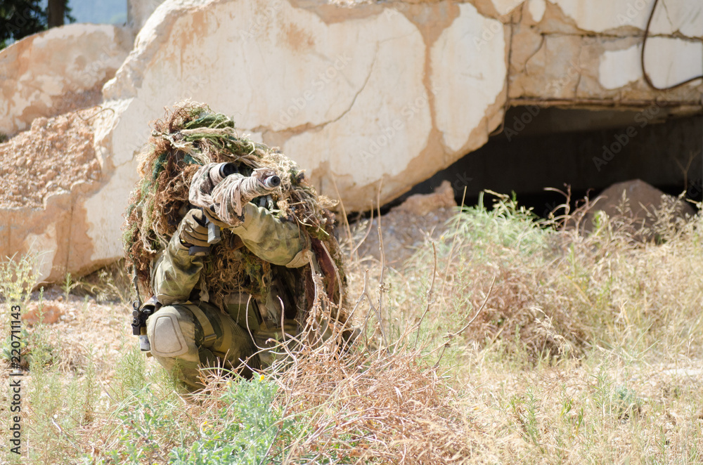 Sniper ghillie suit prone kneeling unsupported position aim high front ...