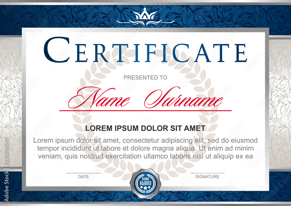 certificate in the official, solemn, elegant, Royal style in blue and ...