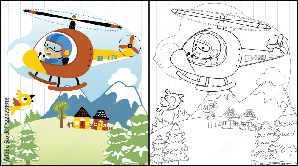 Vector illustration of coloring book or page with helicopter cartoon ...