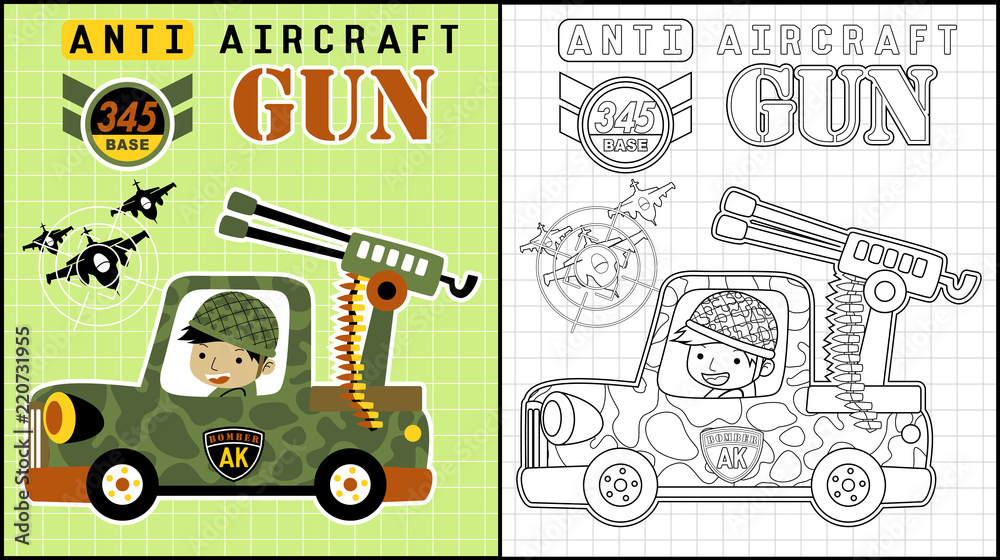 Vector illustration of coloring book or page with military cartoon ...