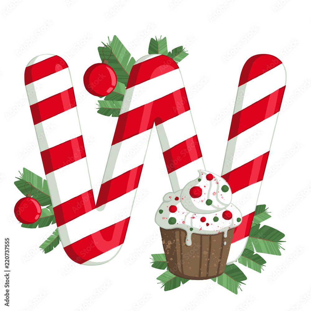 Christmas alphabet. Illustration of letter W with tree, capcake and ...