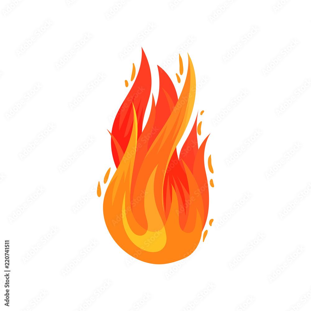 Cartoon icon of bright red-orange fire in flat style. Hot blazing flame ...