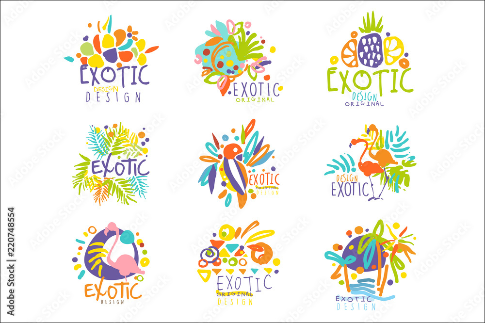 Exotic, tropical summer vacation set of logo graphic templates Stock ...