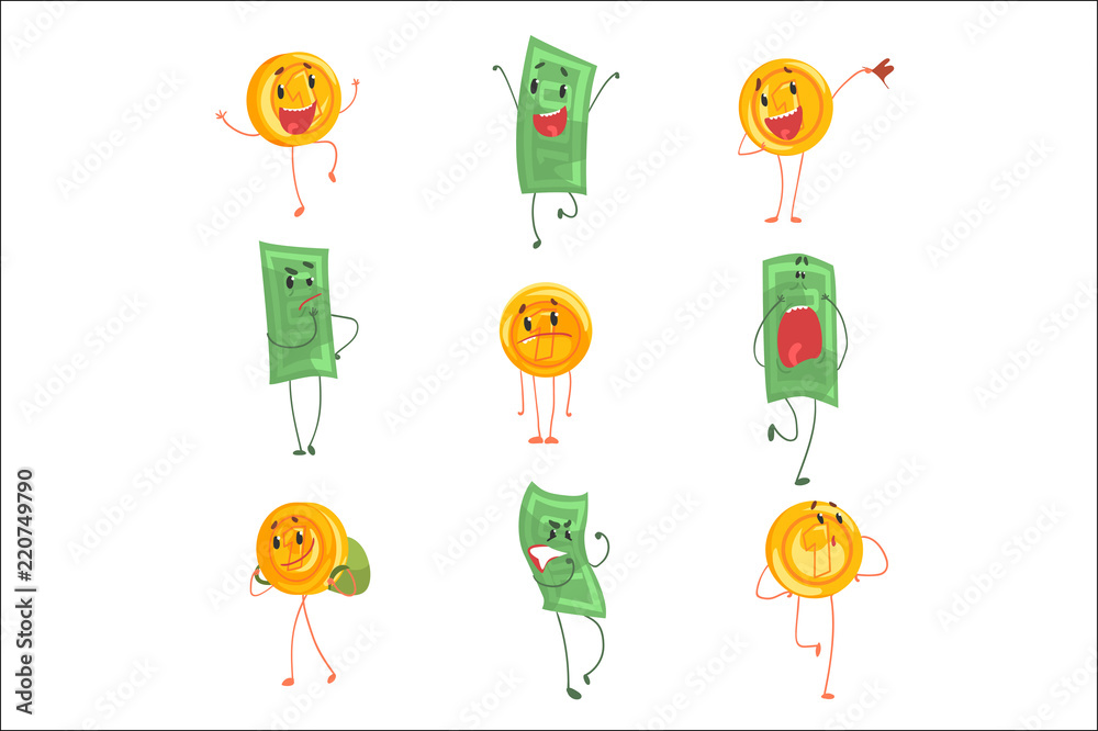 Cute funny humanized banknotes and coins showing different emotions set ...