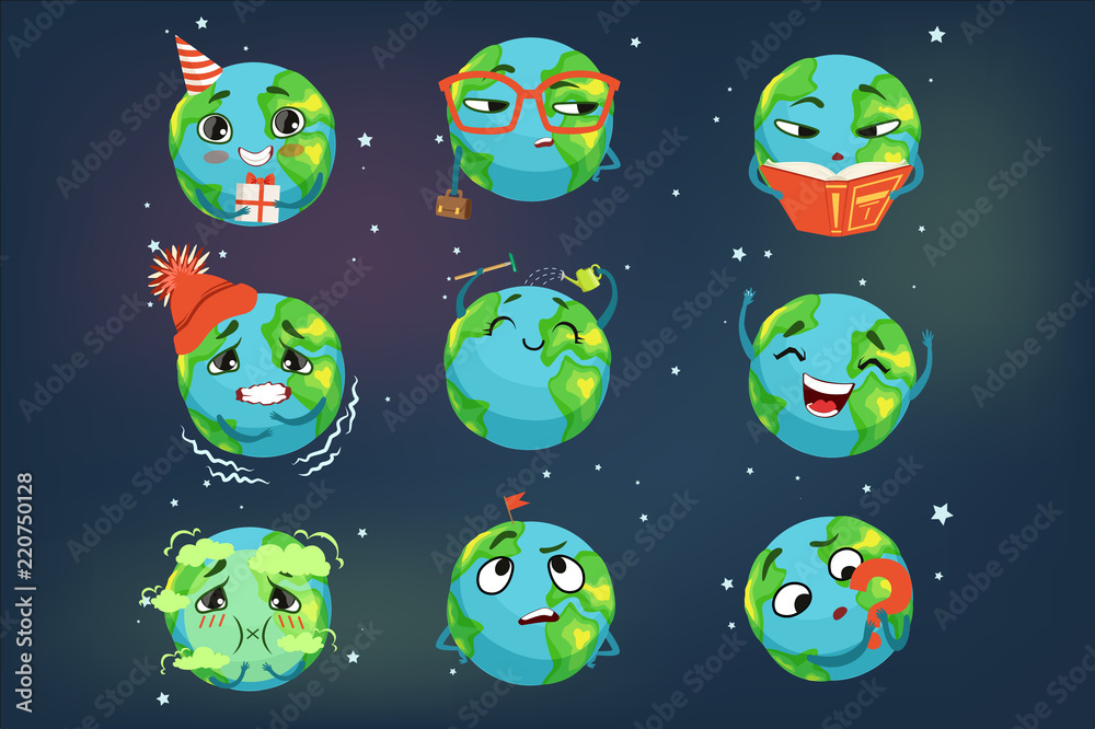 Cute funny world Earth emoji showing different emotions set of colorful ...