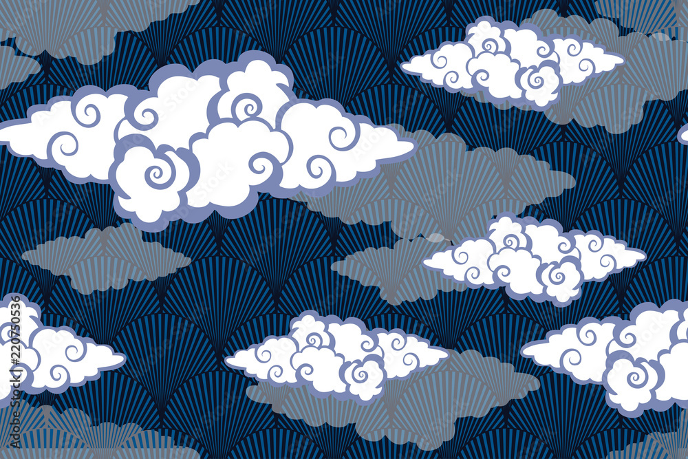 asian style wallpaper with clouds over stylized ocean in blue Stock ...