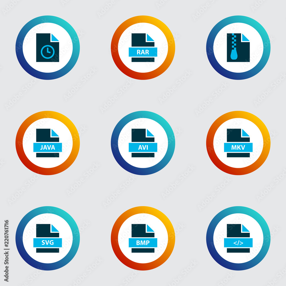 Document icons colored set with file svg, file rar, file archive and ...